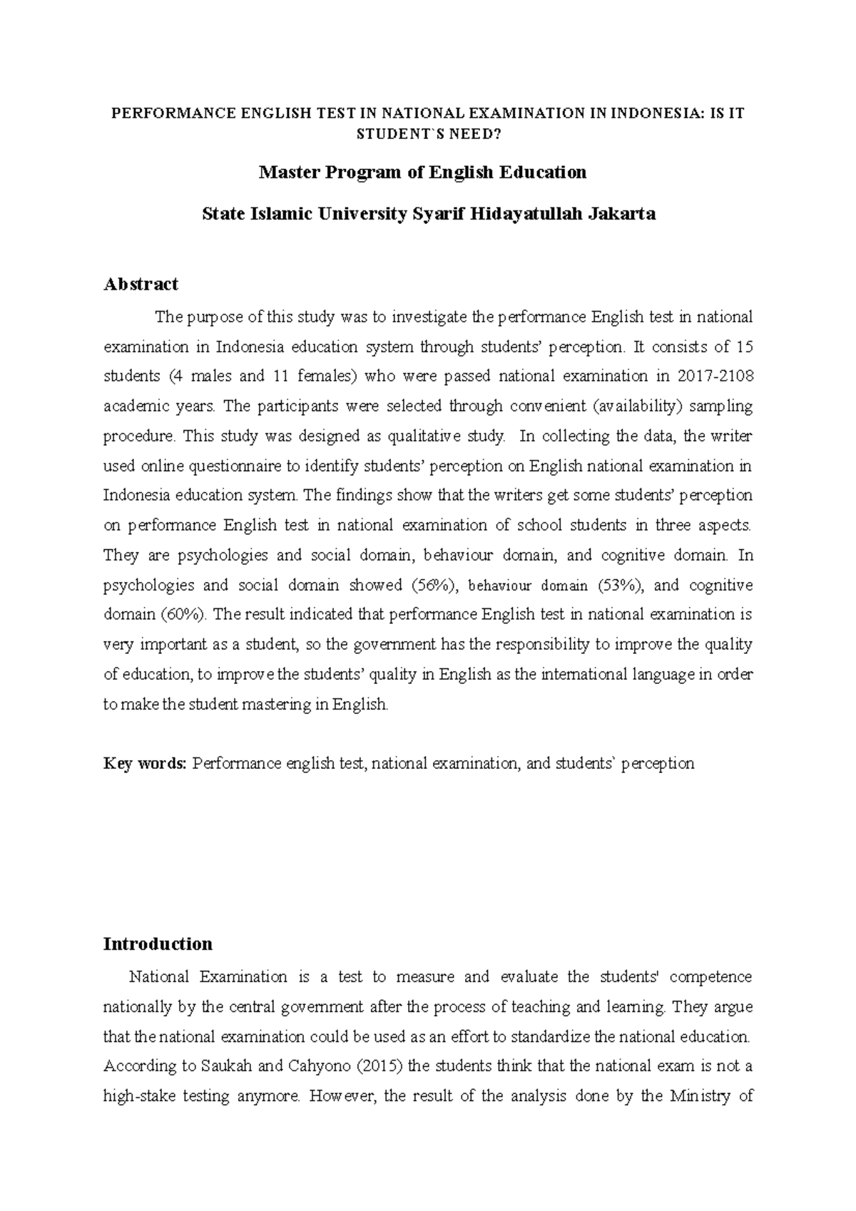 Performance English TEST IN National Examination IN Indonesia IS IT ...