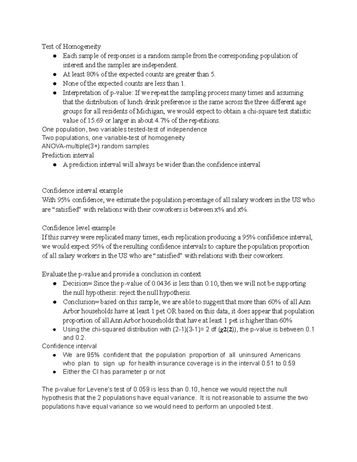Stats 250 Final Review Sheet - Test of Homogeneity Each sample of ...