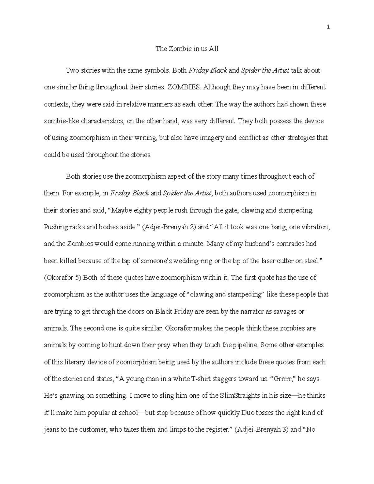 Short Essay 2 Spider the Artist and Friday Black - The Zombie in us All ...