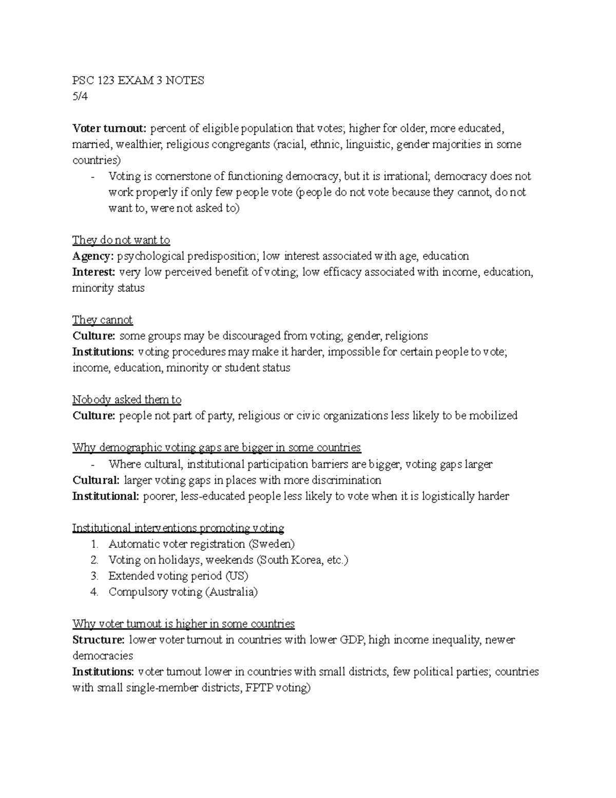 PSC 123 EXAM 3 Notes - PSC 123 EXAM 3 NOTES 5/ Voter turnout: percent ...