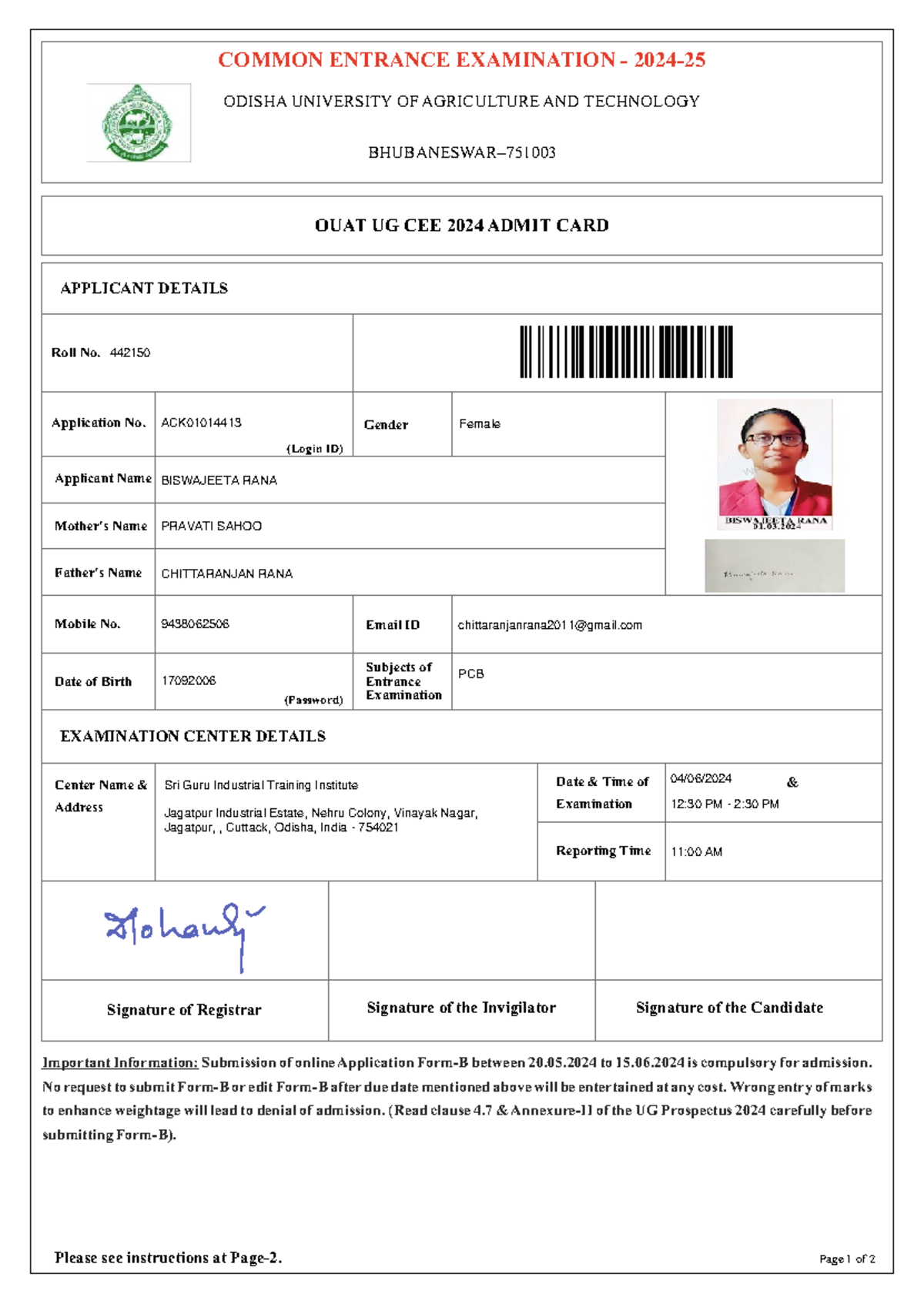 Admit Card - Thank u - Page 1 of 2 OUAT UG CEE 2024 ADMIT CARD ...