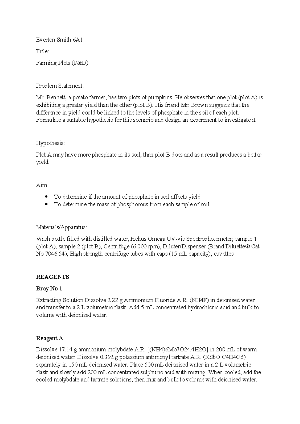 Chemistry P&D - Planning and design lab - Everton Smith 6A Title ...