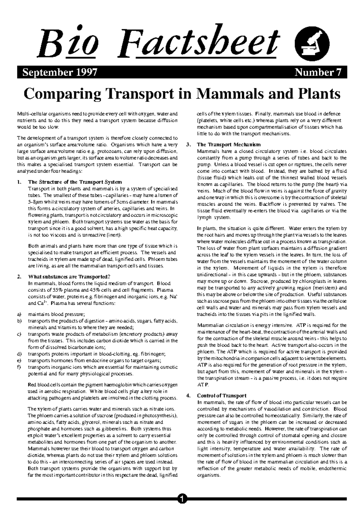Comparing Transport in Mammals and Plants - 1 Bio Factsheet September ...