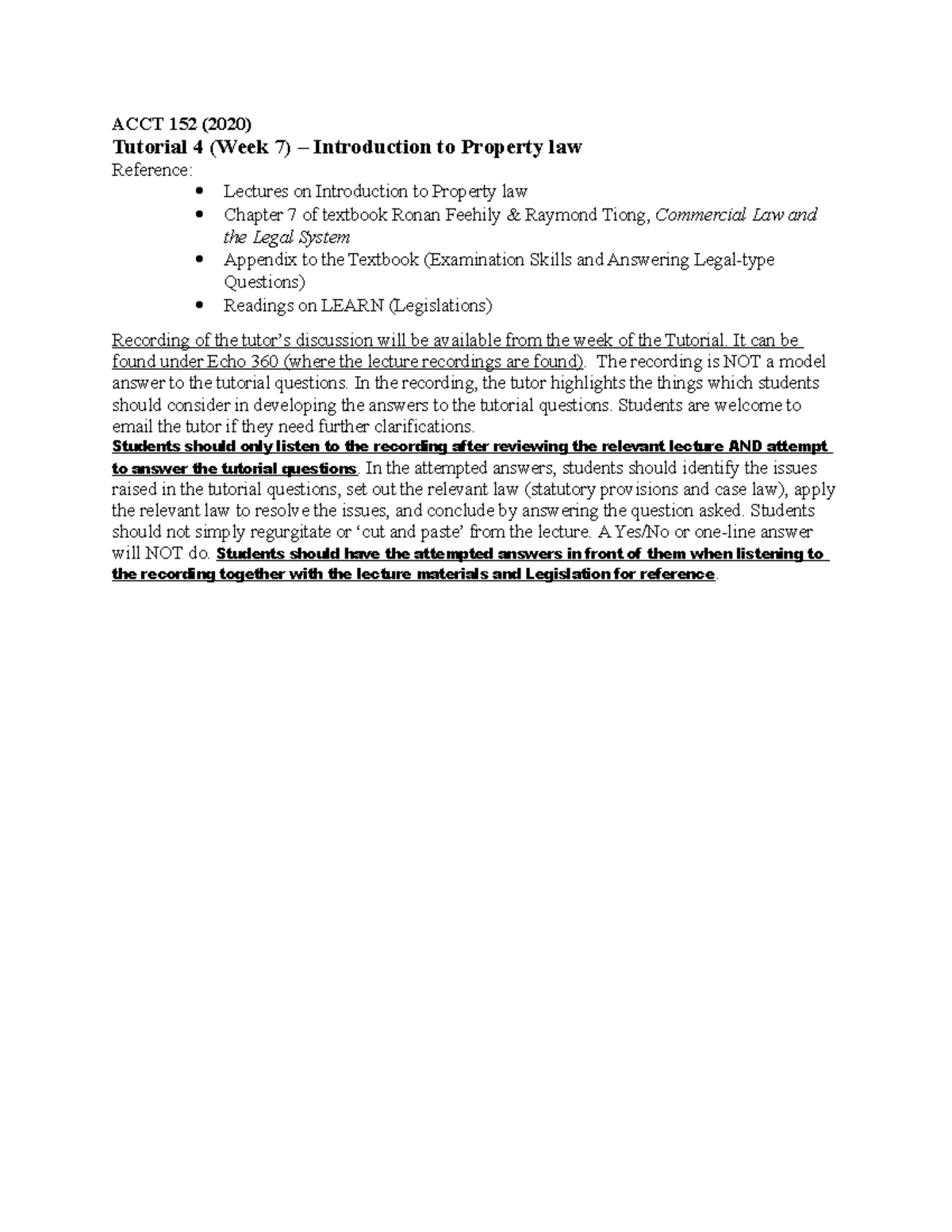 Tutorial 4 - Property law Qs - ACCT 152 (2020) Tutorial 4 (Week 7 ...