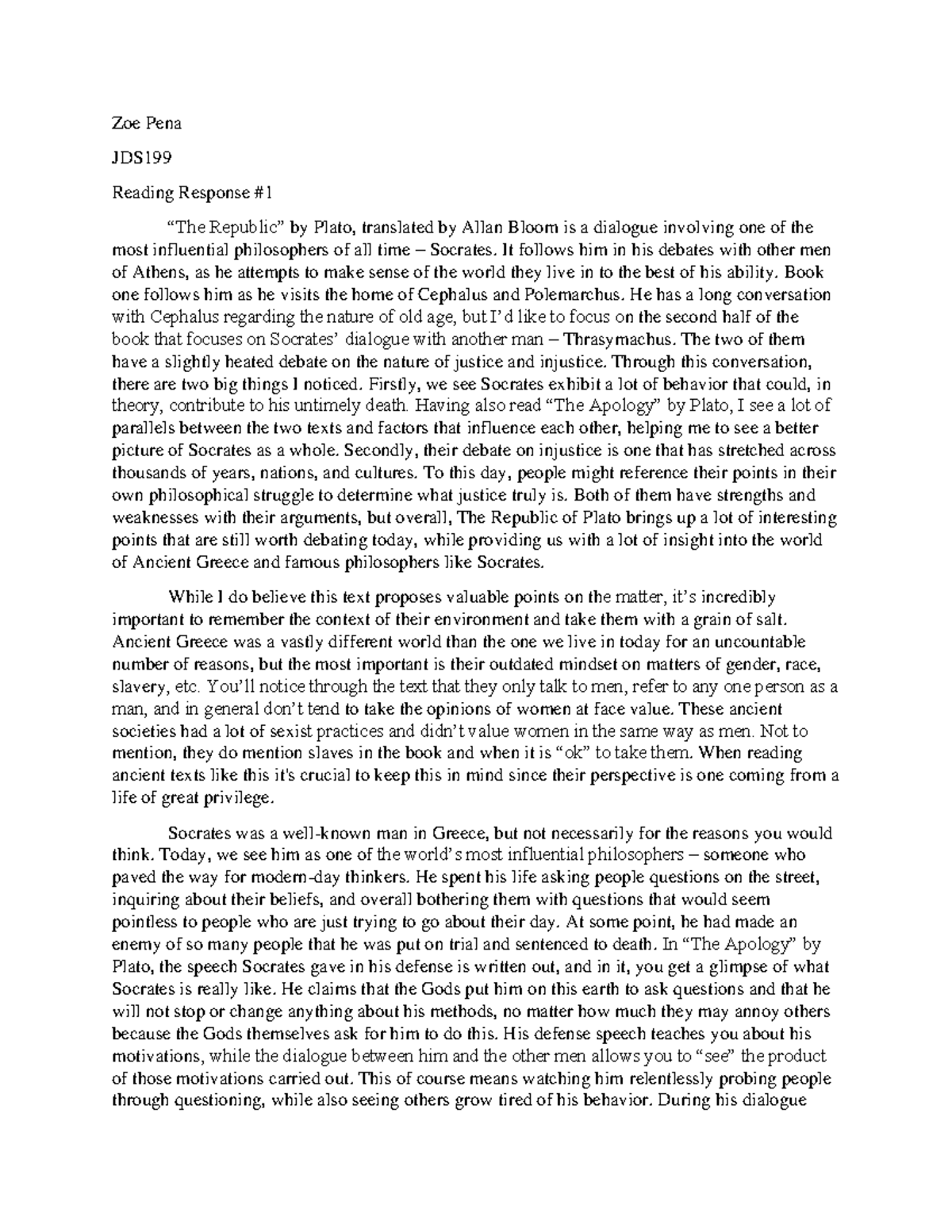 Reading Response #1 - Zoe Pena JDS Reading Response # “The Republic” by ...