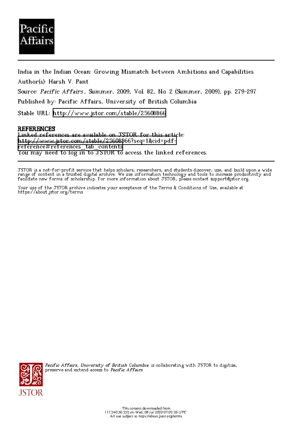 India in the Indian Ocean - Pant Source: Pacific Affairs , Summer, 2009, Vol. 82, No. 2 (Summer ...