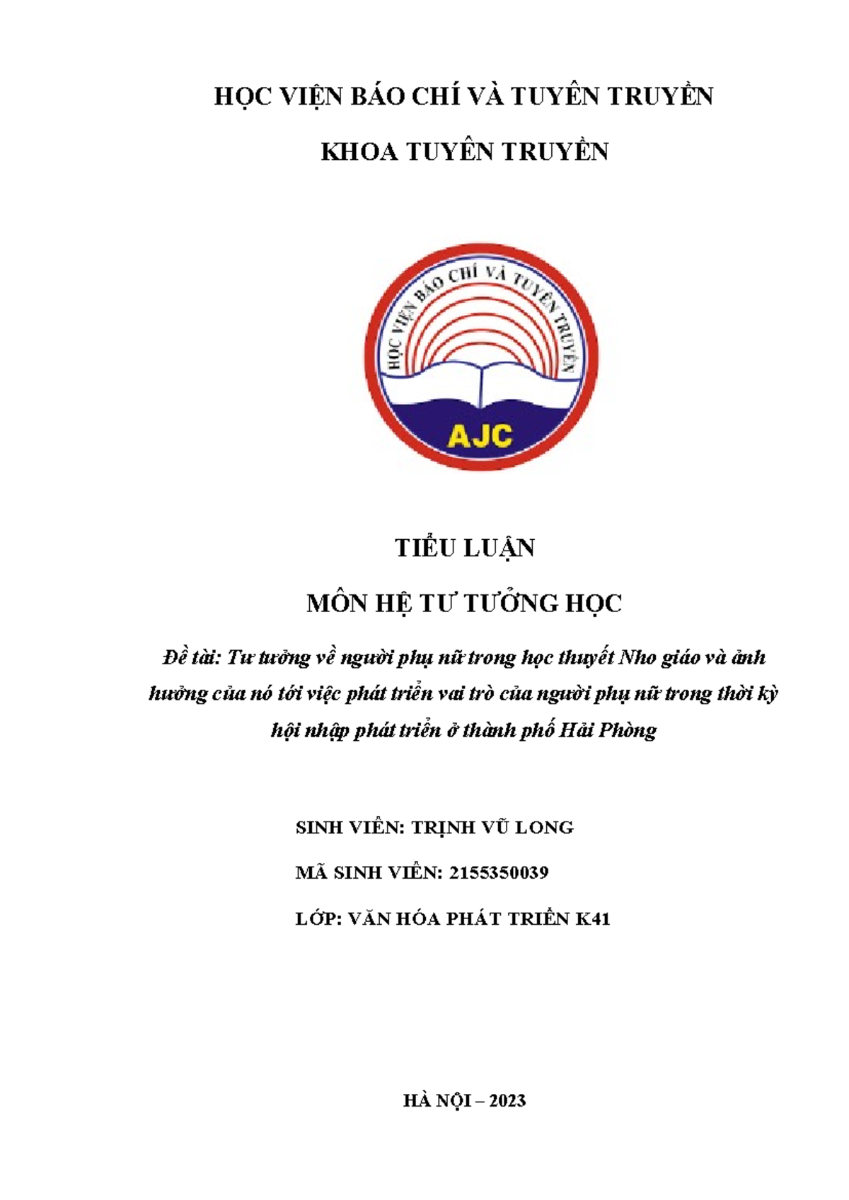 Bìa tiểu luận - fsdfds - Metodología de Estudio - HỌC VIỆN BÁO CHÍ VÀ ...
