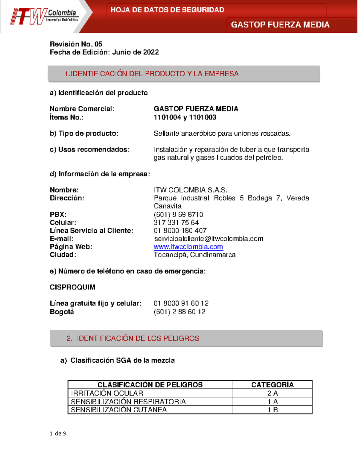 FDS Gastop Fuerza Media - GASTOP FUERZA MEDIA Revisión No. 05 Fecha de ...