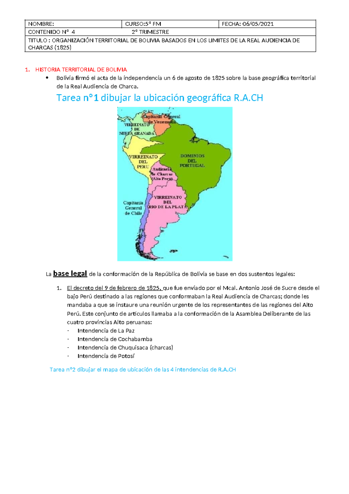 5FM-1- Territorio DE Bolivia EN 1825 - NOMBRE: CURSO:5º FM FECHA: 06/05 ...