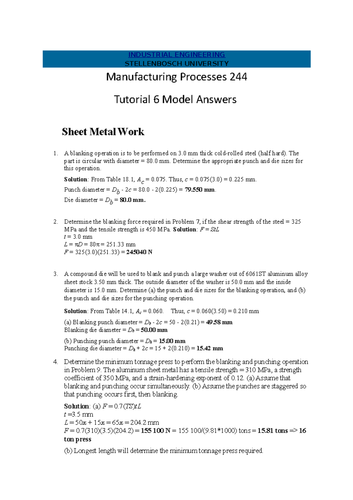 Tut 6 Model Answers - MP244 Tut 6 memo - INDUSTRIAL ENGINEERING ...