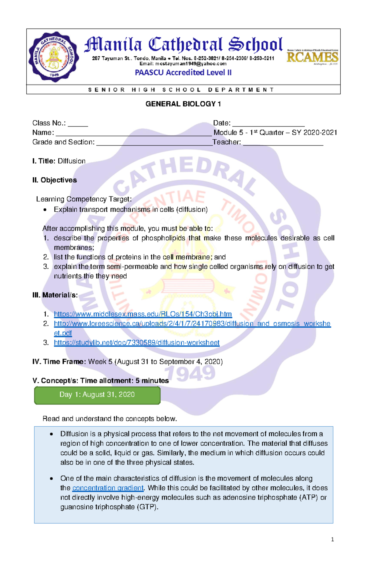 Biology - Gr. 12 - Module 5 - GENERAL BIOLOGY 1 Class No.: _____ Date