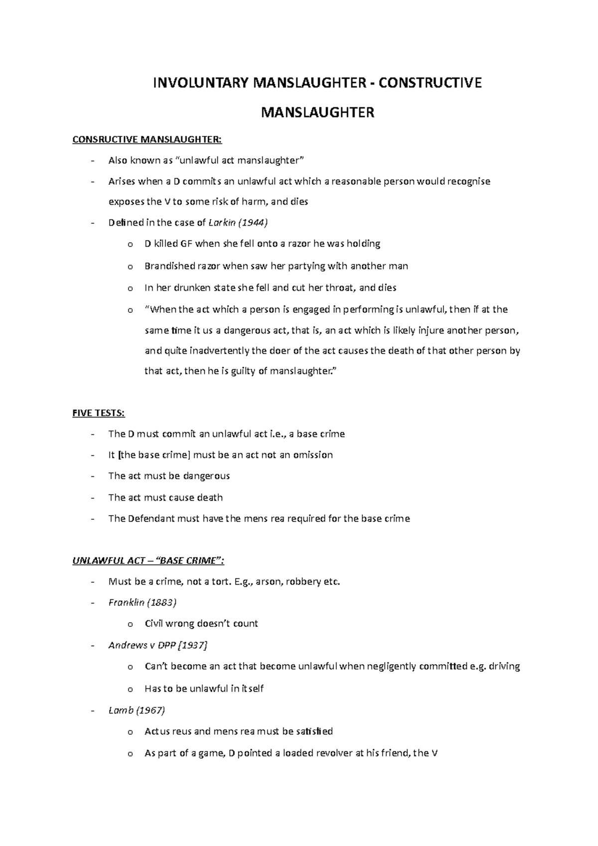 Involuntary Manslaughter - Constructive Manslaughter - INVOLUNTARY ...