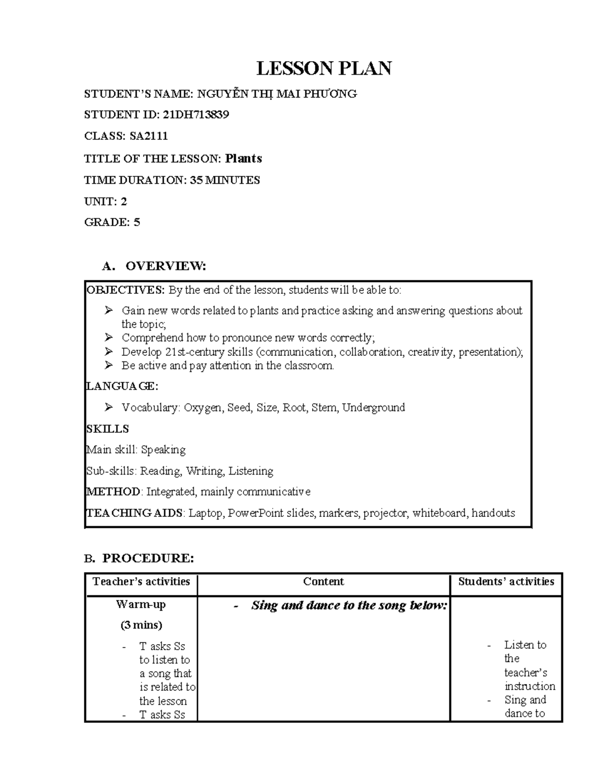 Lesson PLAN FOR Llppgd 3 - LESSON PLAN STUDENT’S NAME: NGUYỄN THỊ MAI ...