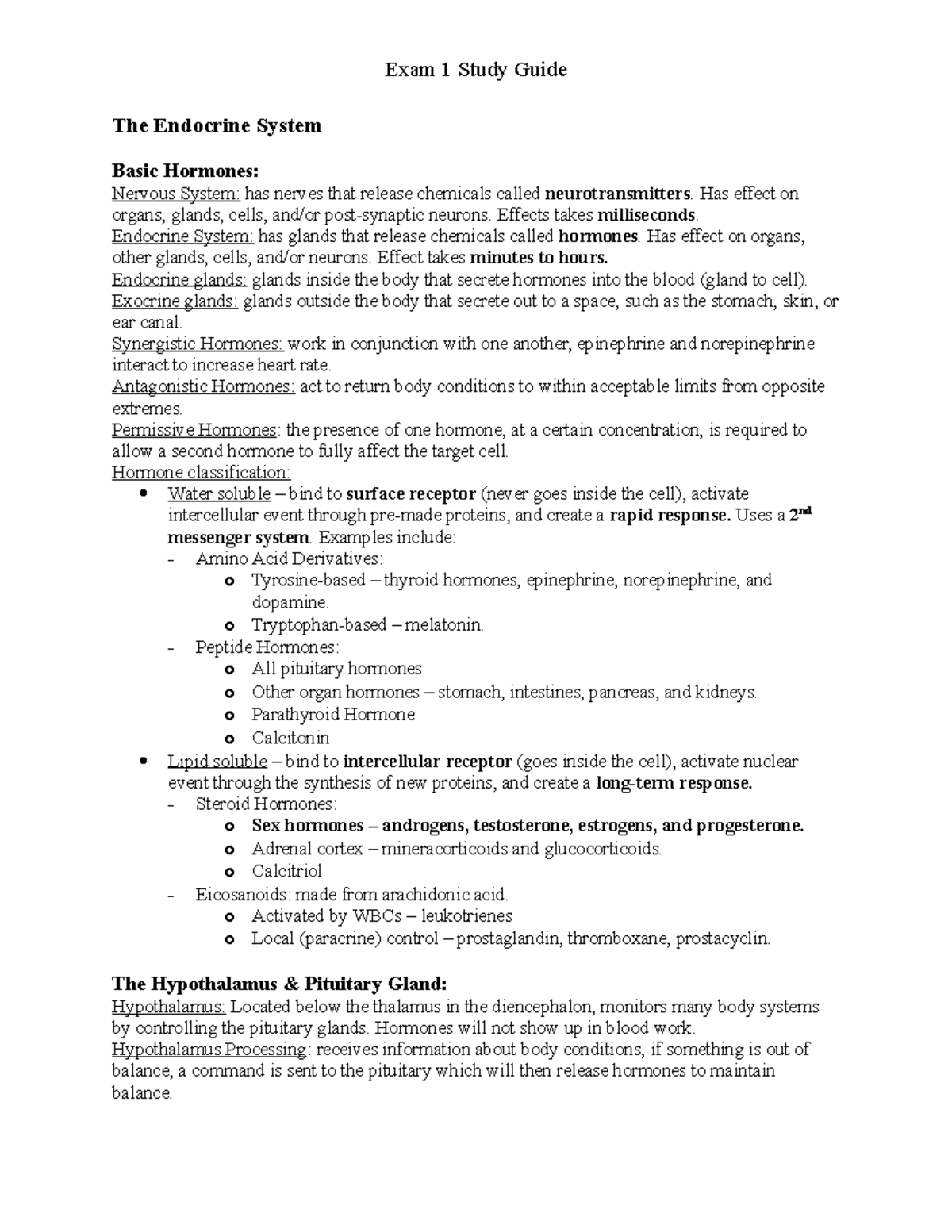 BIO 202 - Exam 1 Study Guide - The Endocrine System Basic Hormones ...