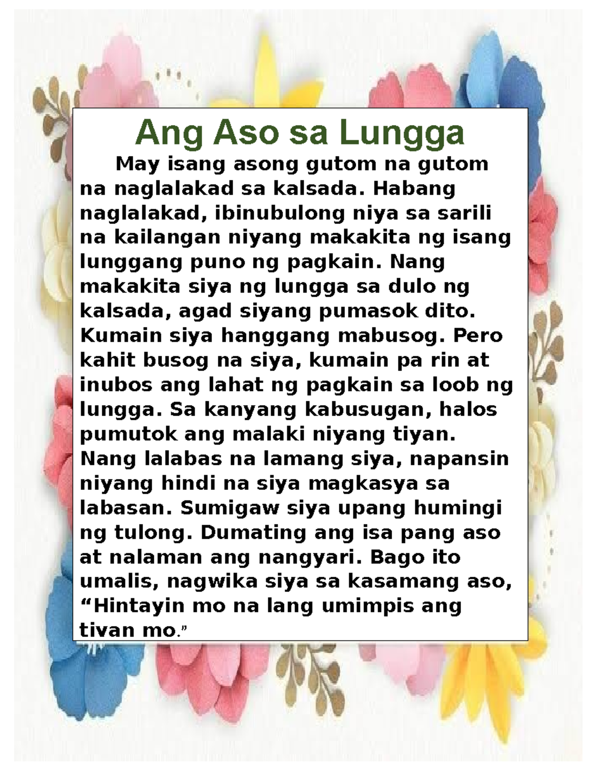 Reading for filipino - Ang Aso sa Lungga May isang asong gutom na gutom ...