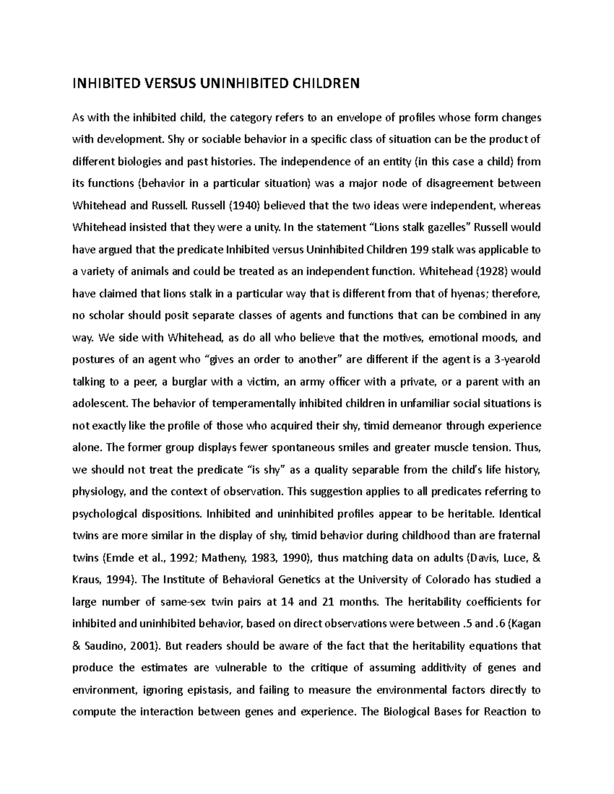 Inhibited Versus Uninhibited Children - INHIBITED VERSUS UNINHIBITED ...