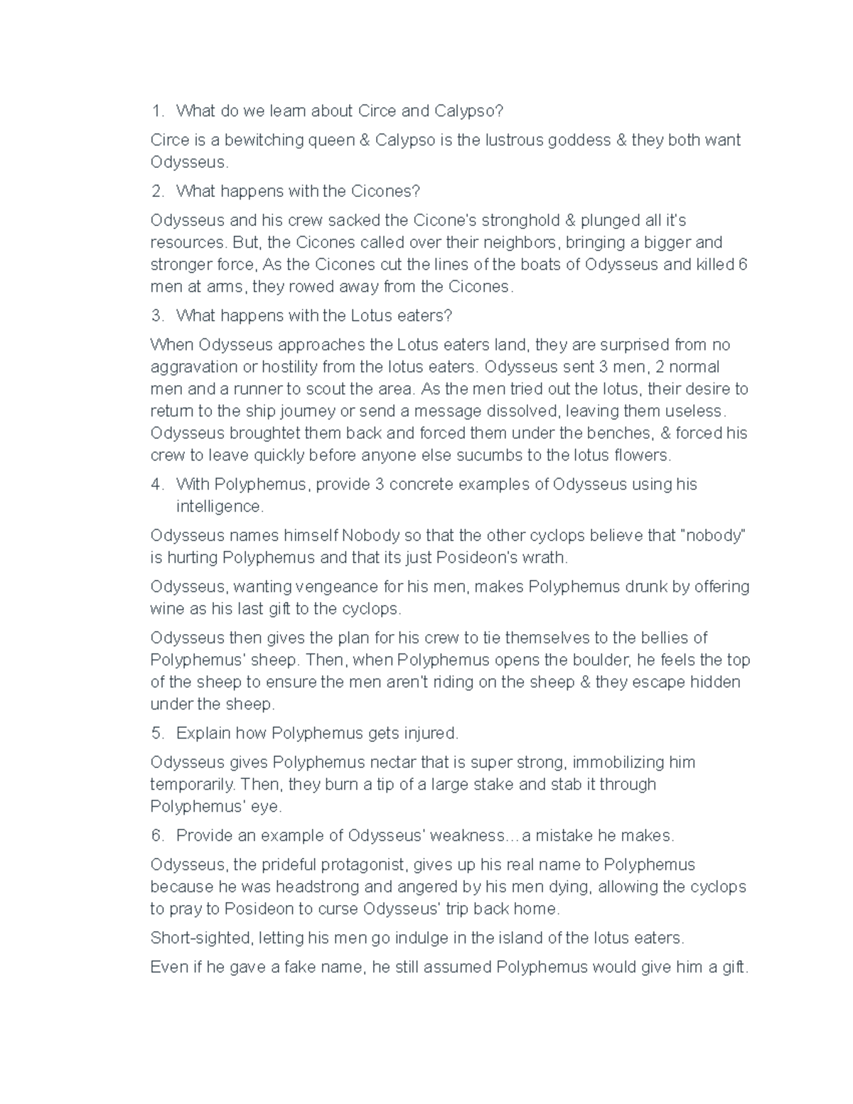 The Odyssey - q's - What do we learn about Circe and Calypso? Circe is ...