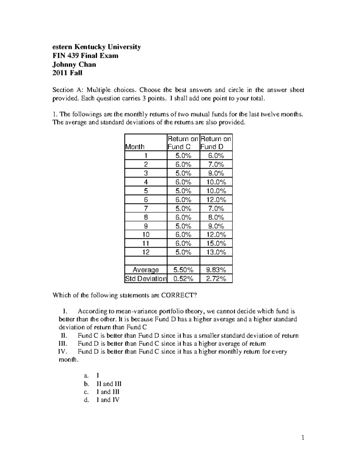 FIN439final - Business finance Practice exam 3 - estern Kentucky ...