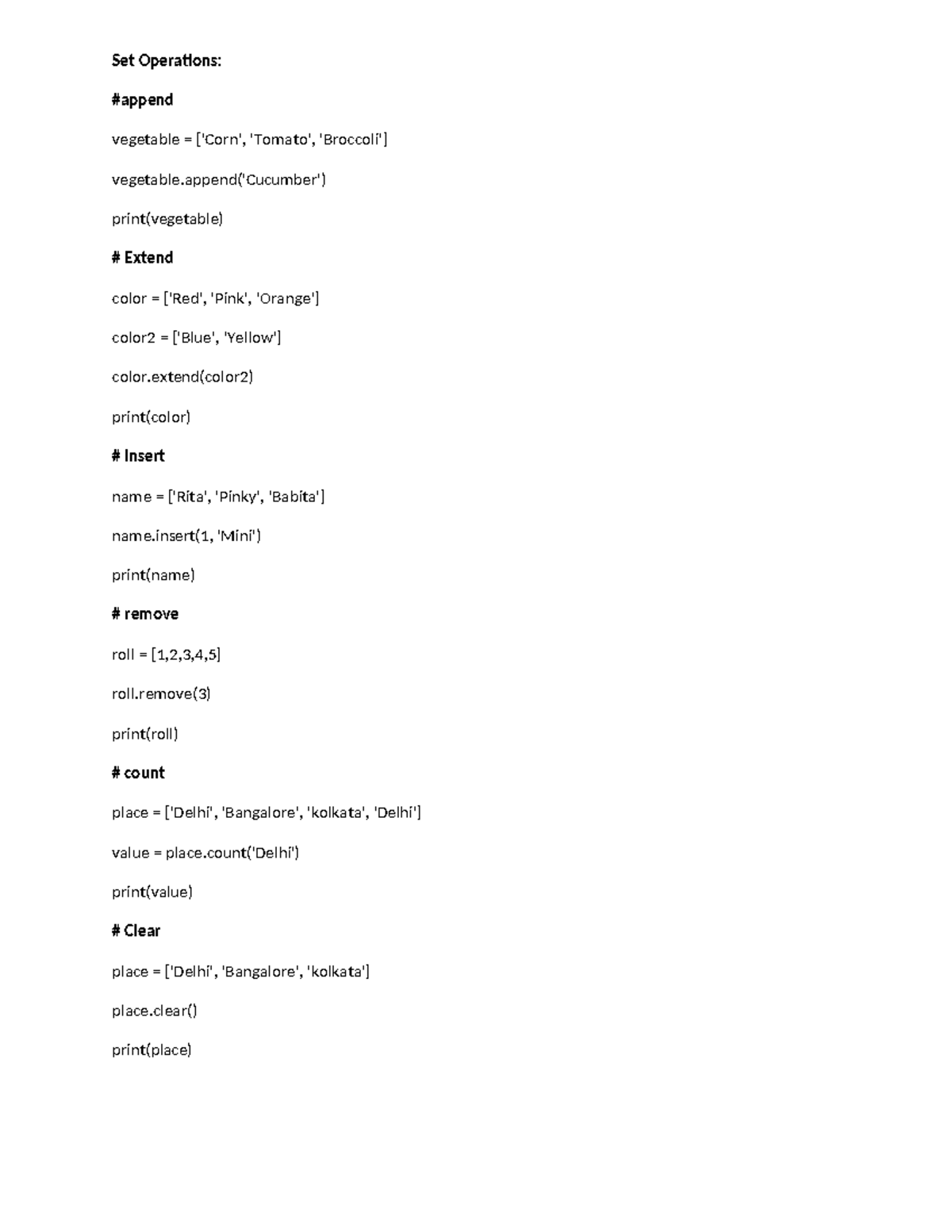 Python Codes List Set Chatbot Set Operations Append Vegetable Corn Tomato