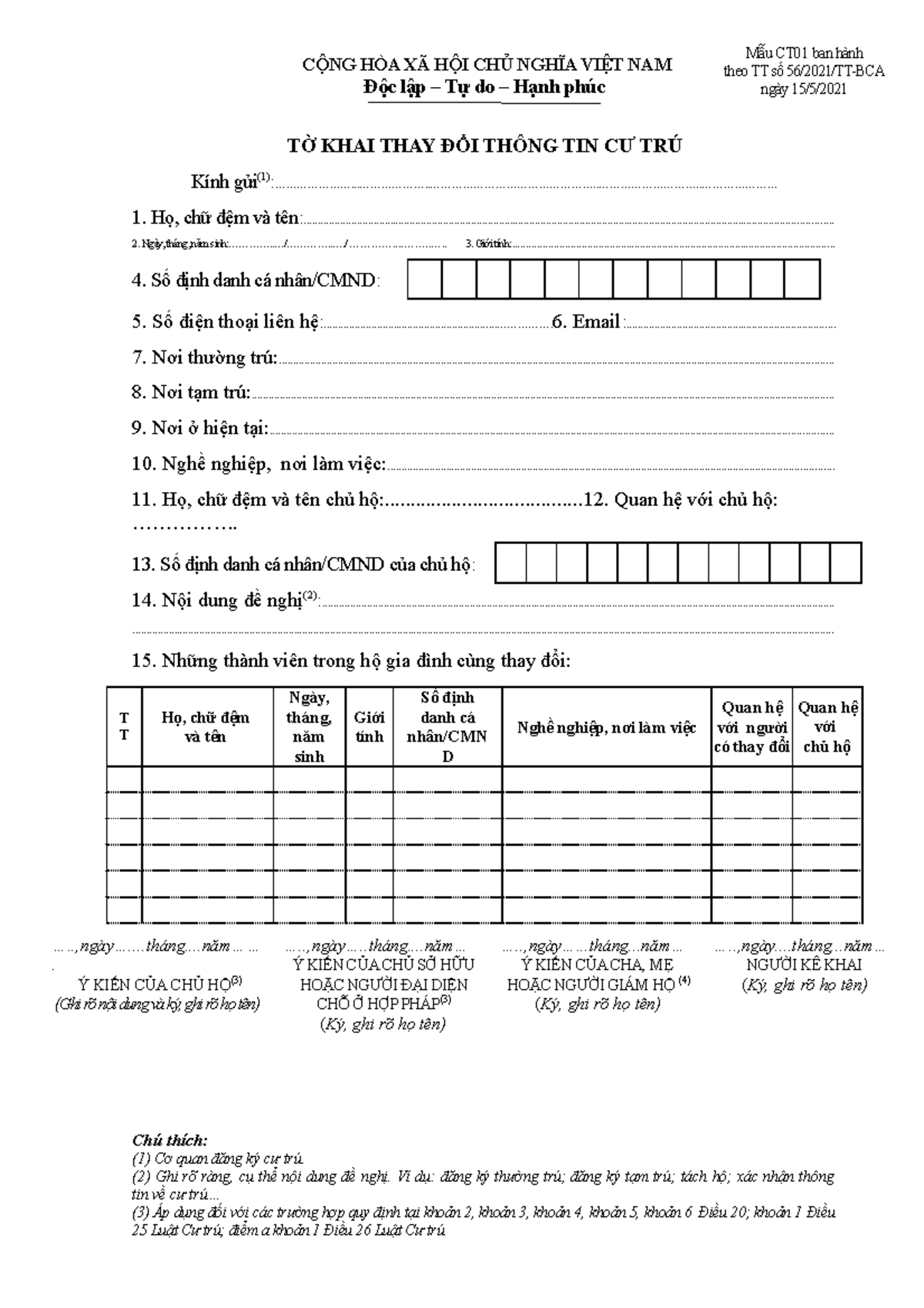 CT01 Tờ khai thay đổi thông tin cư trú - CỘNG HÒA XÃ HÔ I CHỦ NGHĨA VIỆ ...