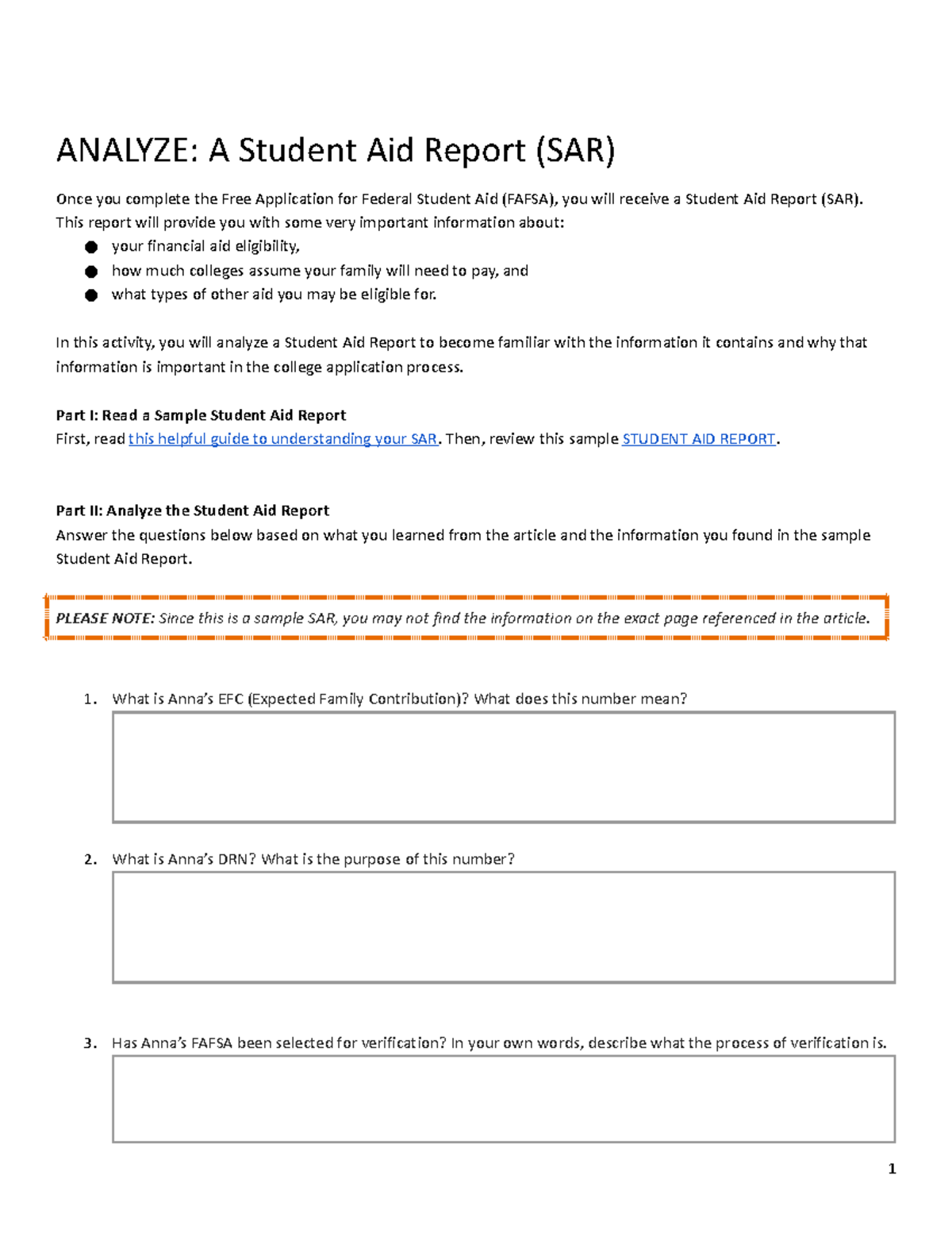 SAR Cool Down WS - I just need an answer key - ANALYZE: A Student Aid ...