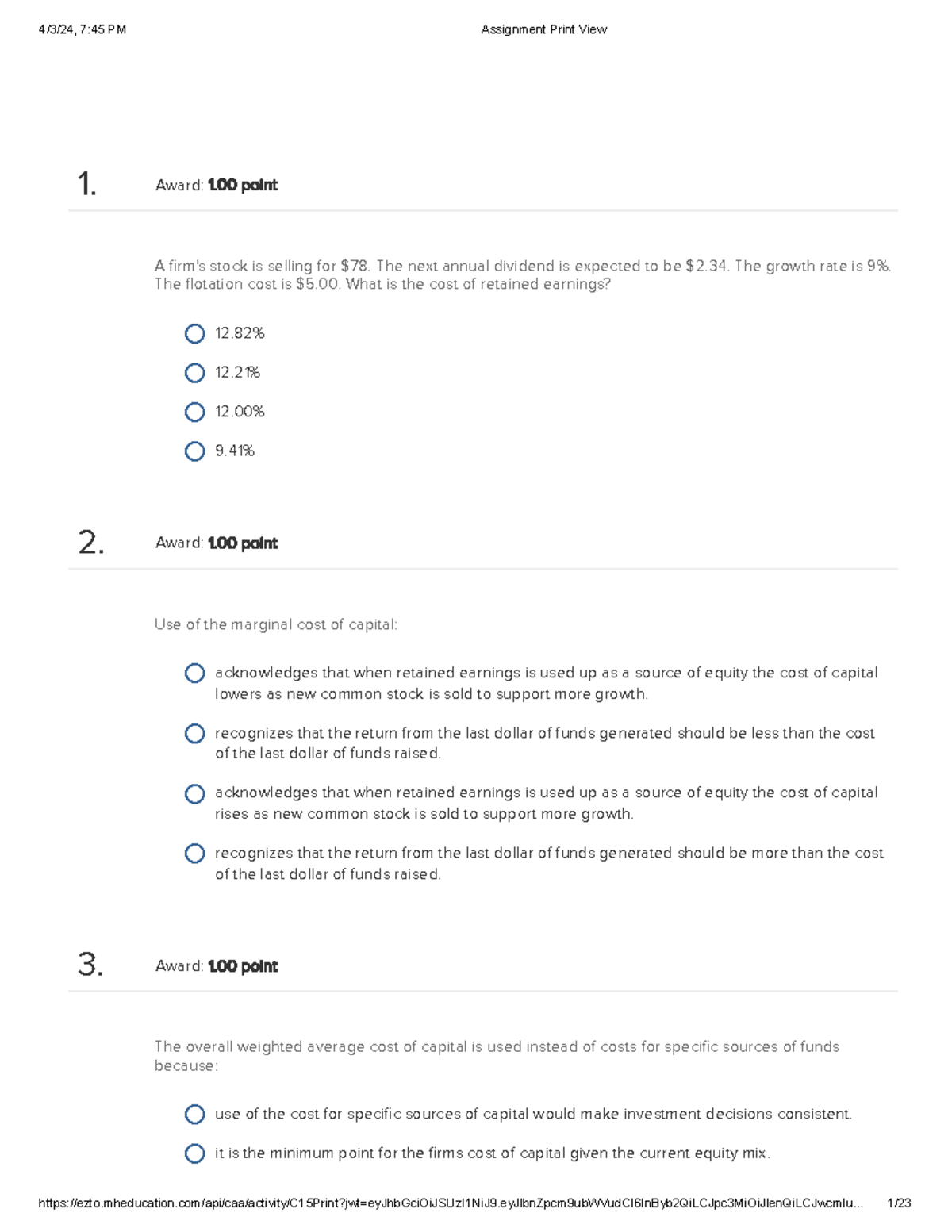 Assignment Print View - ezto.mheducation/api/caa/activity/C15Print... 1/ 1. Award: 1 point 2 ...
