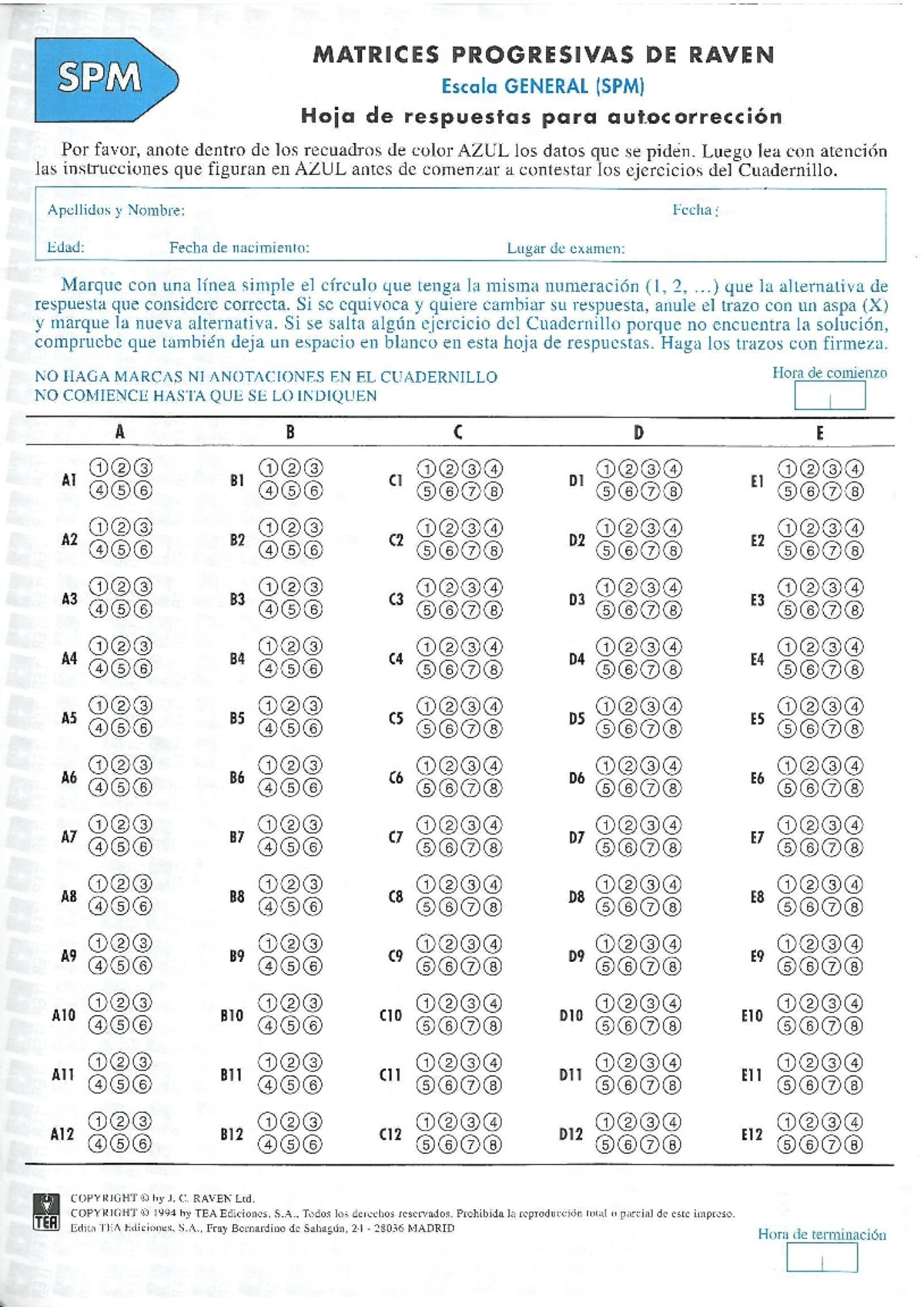 HOJA DE Respuestas Y HOJA DE Puntuaciones - MATRICES PROGRESIVAS DE ...