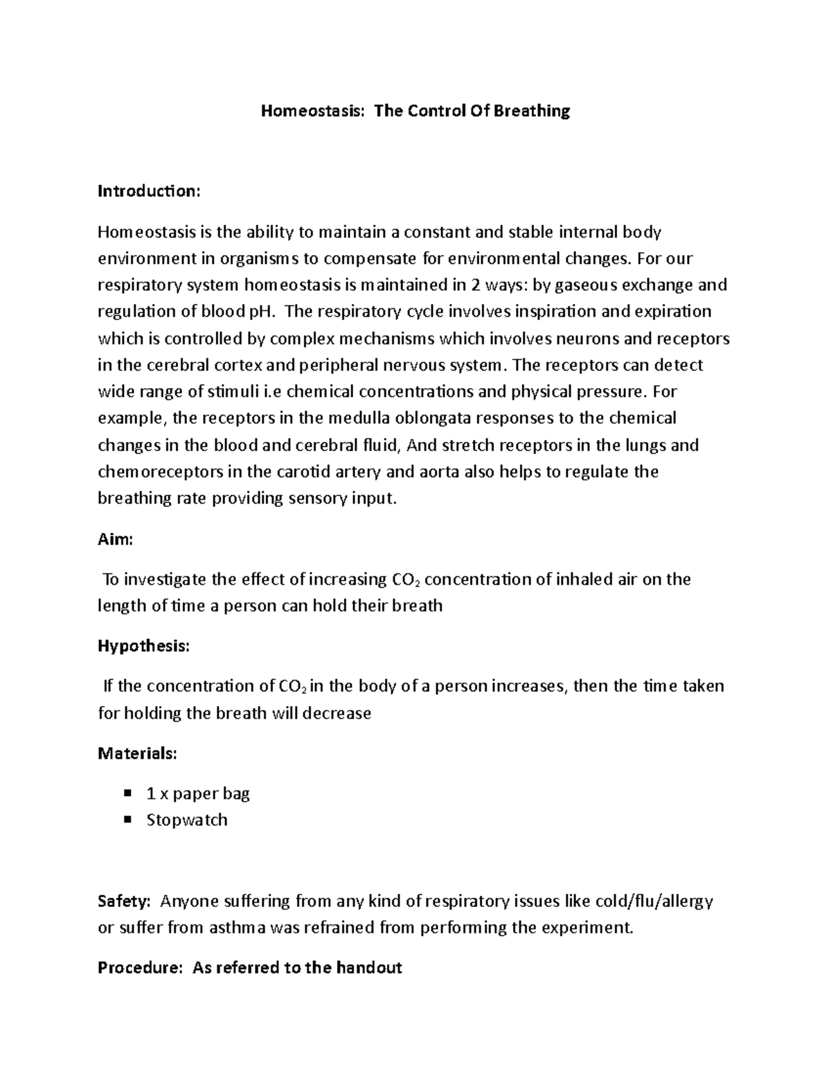 MUFY Homeostasis The Control Of Breathing - Homeostasis: The Control Of ...