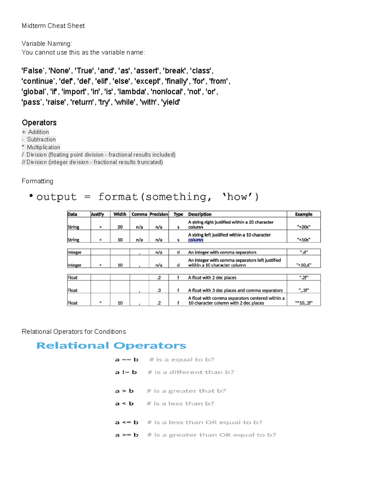 Midterm Cheat Sheet Midterm Cheat Sheet Variable Naming You Cannot