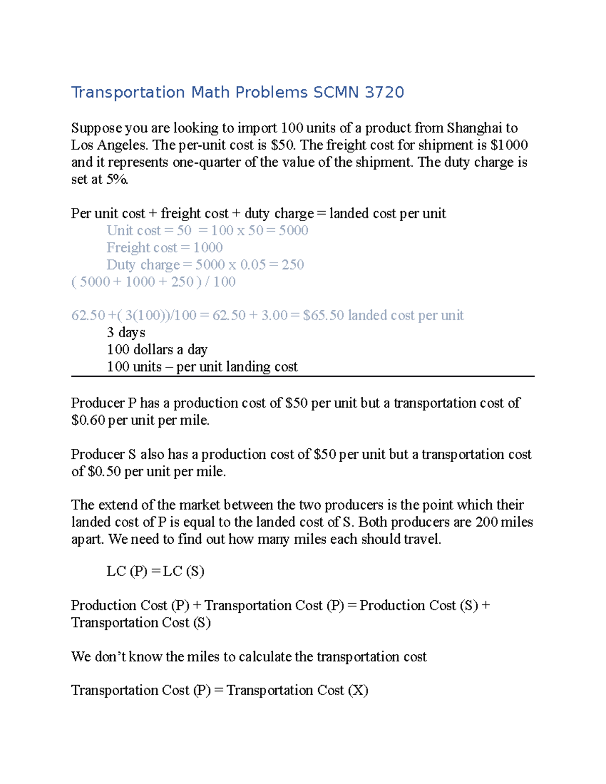 SCMN 3720 Transportation math Problems - Transportation Math Problems ...