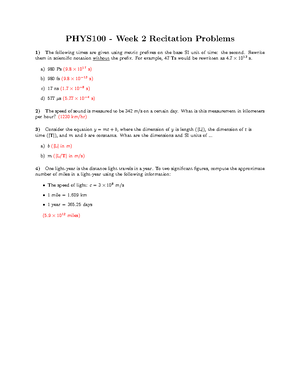 PHYS 100 Recitation Week 1 - PHYS100 - Week 1 Recitation Problems How many significant figures ...