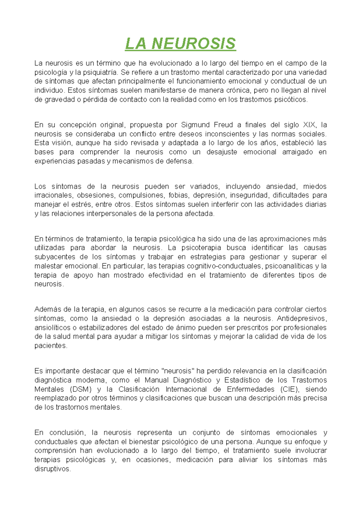 La Neurosis - sdfasf - LA NEUROSIS La neurosis es un término que ha ...