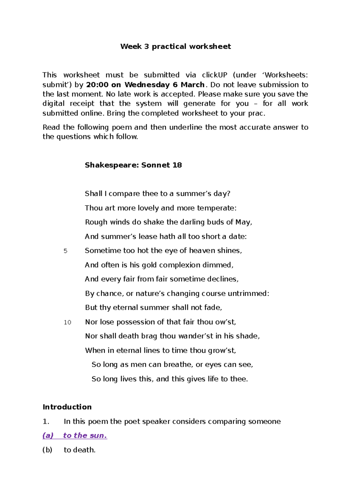 Poetry Worksheet Week 3 (ENG 110) - Week 3 practical worksheet This ...