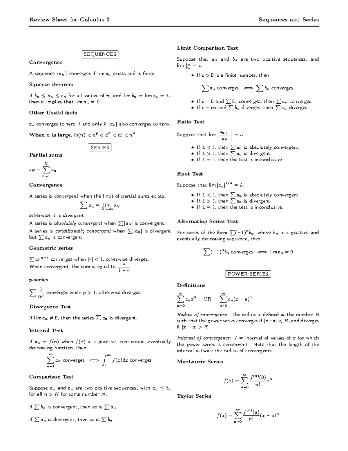 Sequences and Series - Review Sheet for Calculus 2 Sequences and Series ...