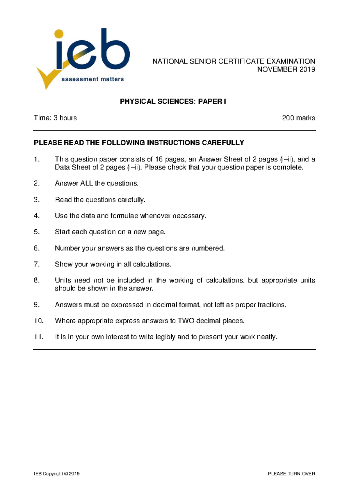 Physical Sciences P1 2019 - IEB Copyright © 2019 PLEASE TURN OVER ...