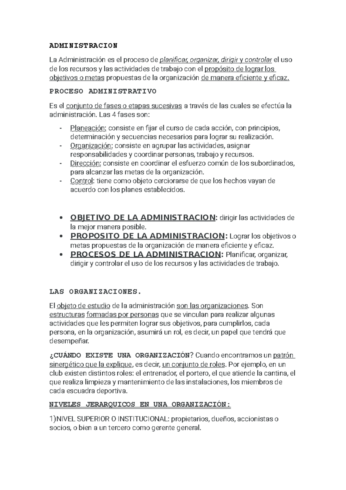 Administracion - RESUMEN APUNTES - ADMINISTRACION La Administración es ...