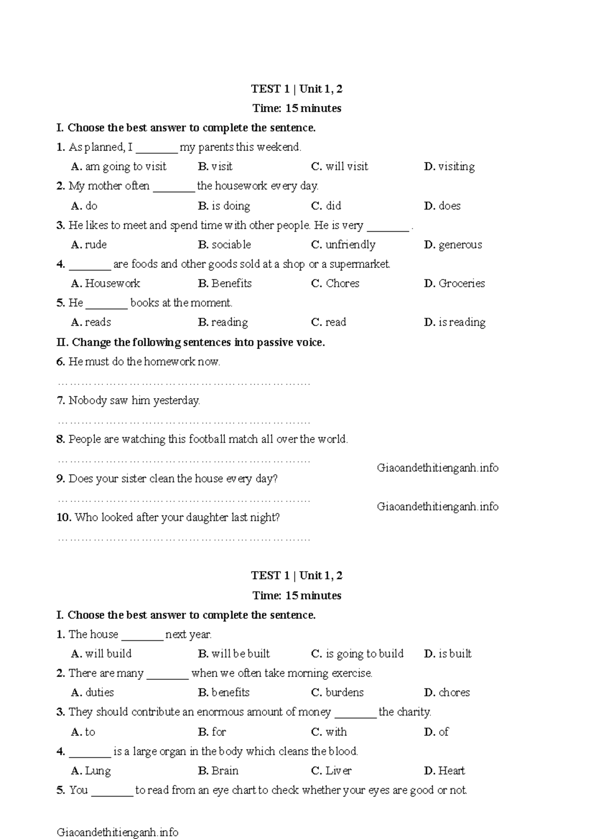 1. Unit 1,2 time 15 minutes - TEST 1 | Unit 1, 2 Time: 15 minutes I ...