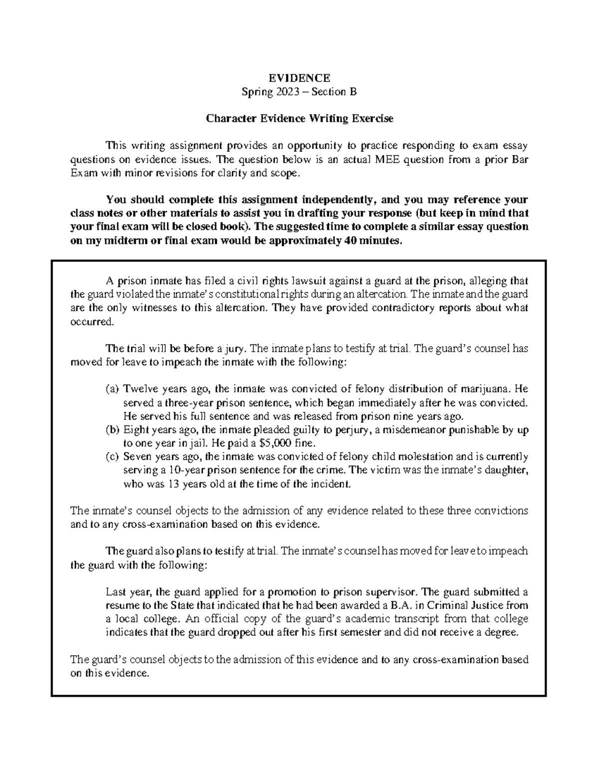 Character Evidence Writing Exercise - The question below is an actual ...