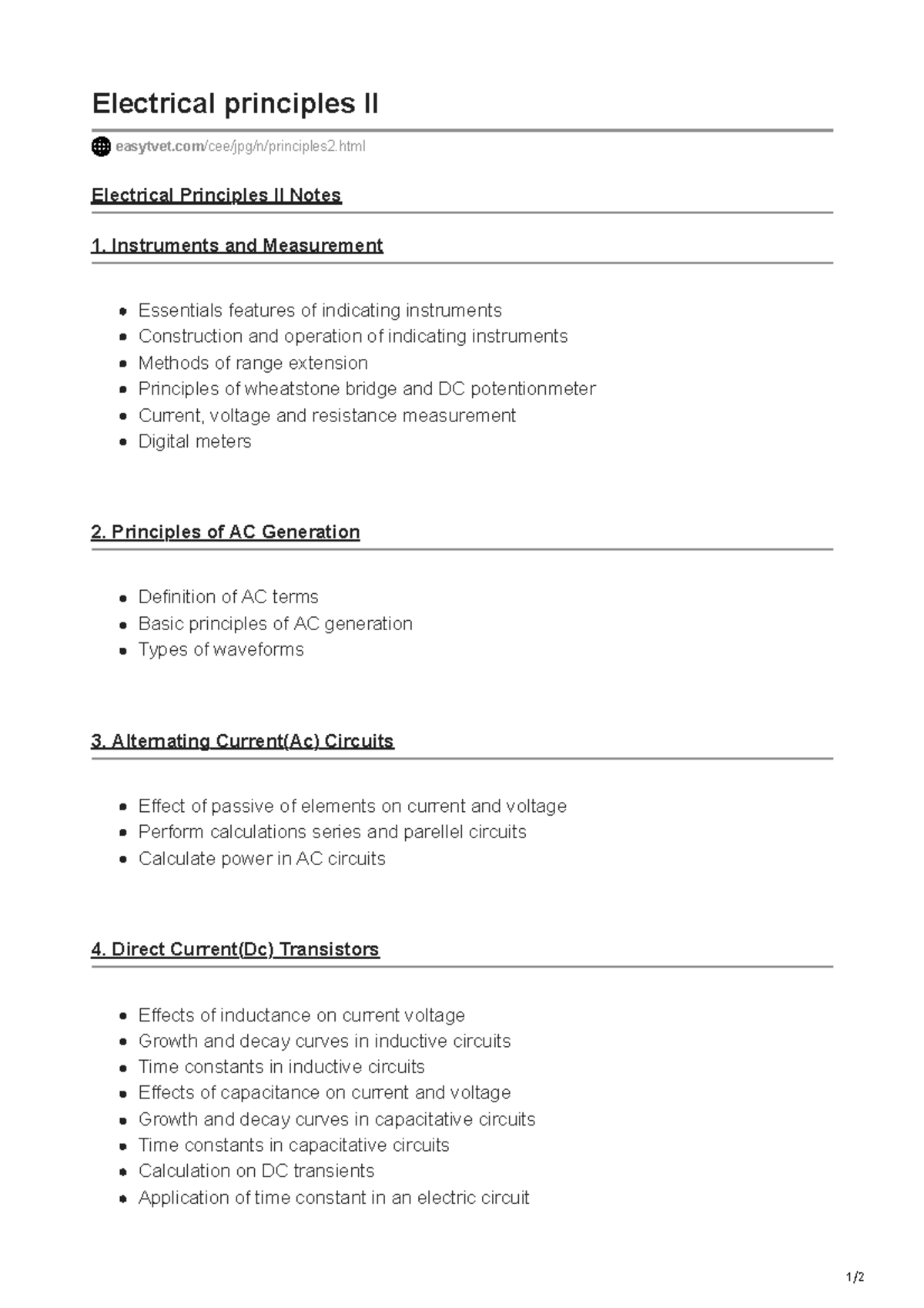 Electrical principles II course outline - 1/ Electrical principles II ...