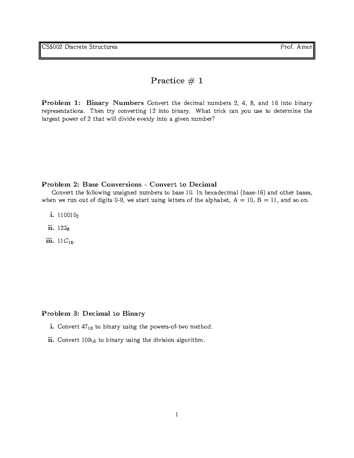 Practice 01 Cs5002 Discrete Structures Prof Amor Practice 1 Problem 1 Binary