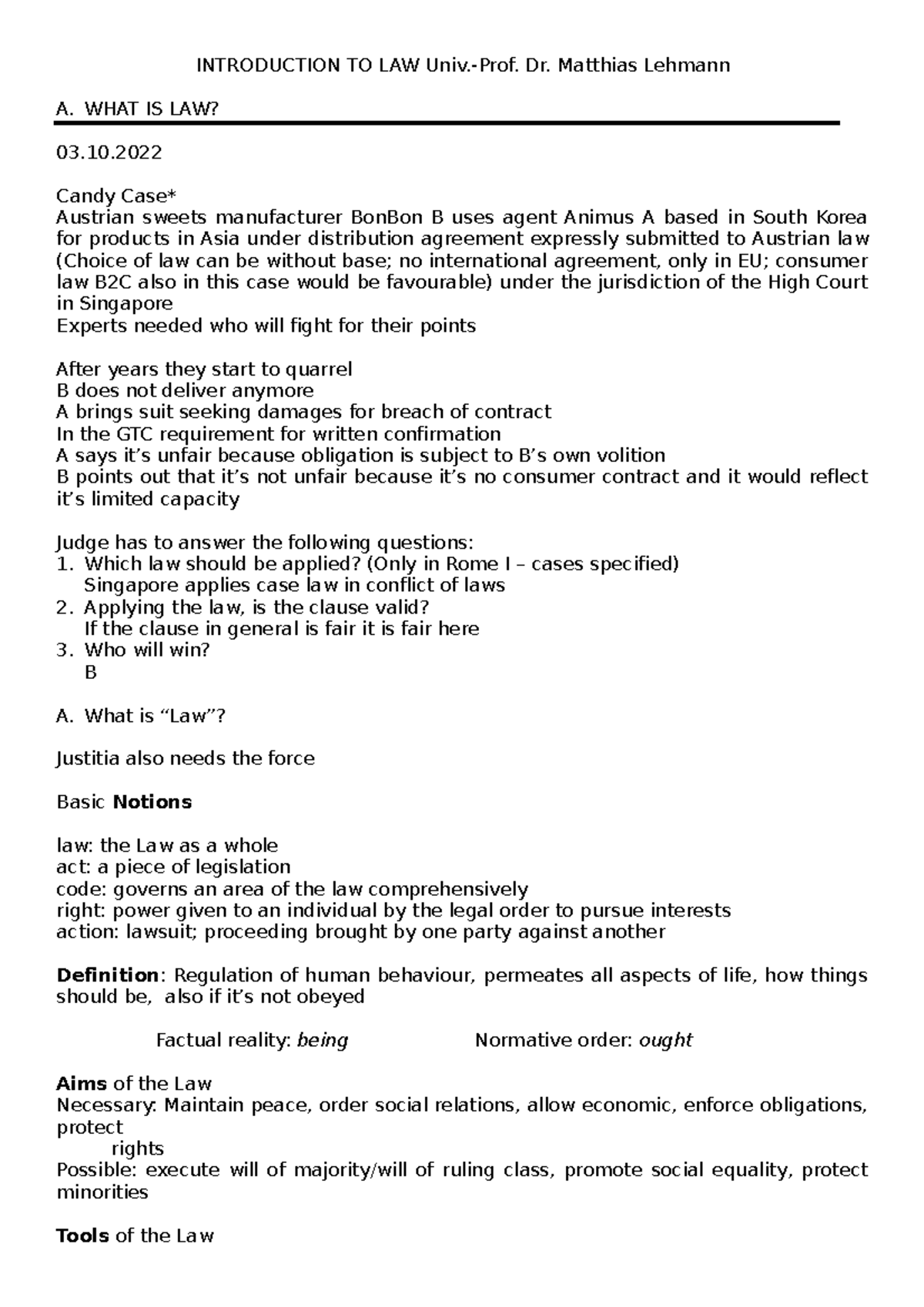 Introduction to Law - Lösungen nach Korrektur - A. WHAT IS LAW? 03 ...