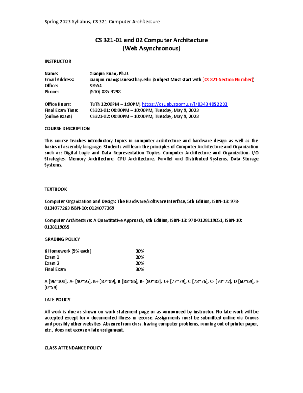 Spring 2023 CS321-01 and 02 Syllabus Computer Architecture - CS 321-01 ...