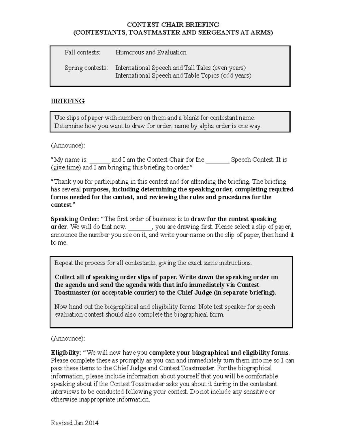 Contest Chair Briefing - (CONTESTANTS, TOASTMASTER AND SERGEANTS AT ...