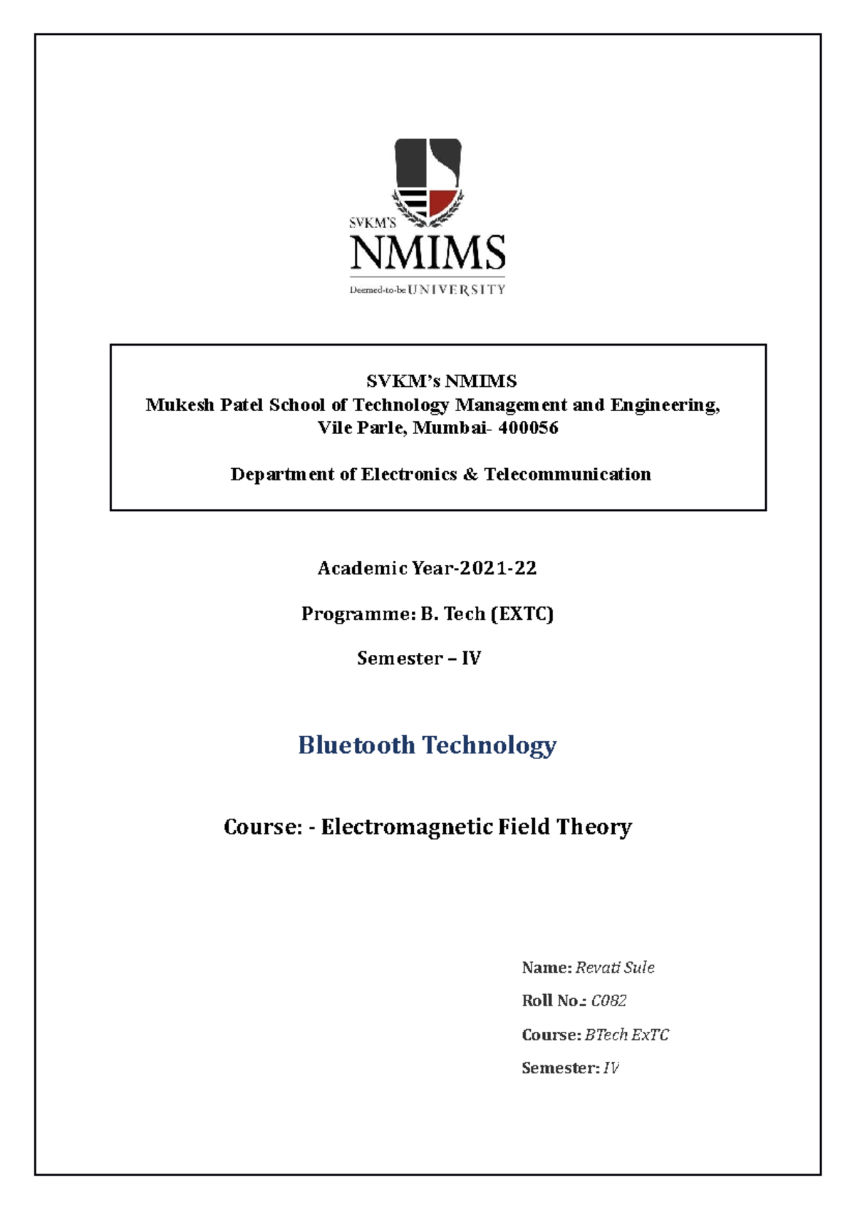 Bluetooth - Grade: 3 - SVKM’s NMIMS Mukesh Patel School of Technology ...
