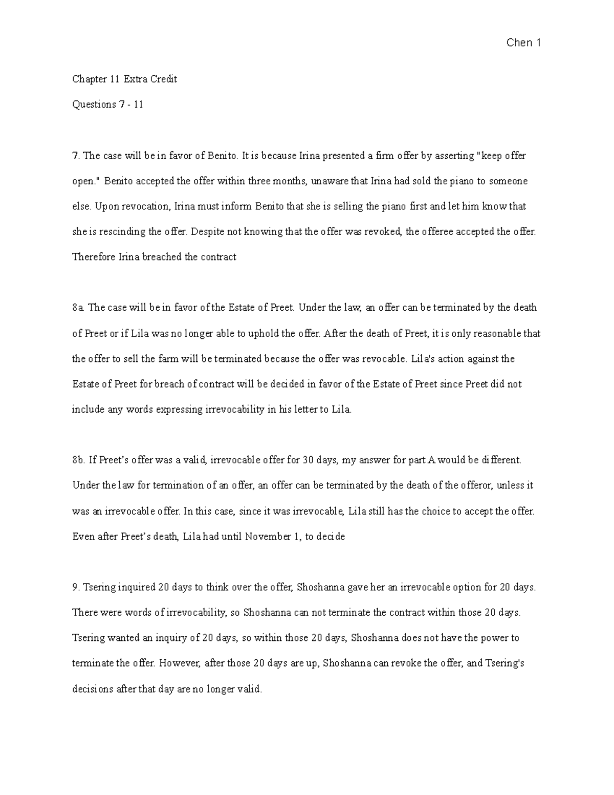 Extra Credit Chapter 11 7-10 - Chen 1 Chapter 11 Extra Credit Questions ...