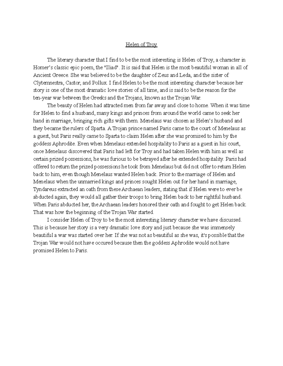 Helen of Troy - Essay on my favorite literary character from the play ...