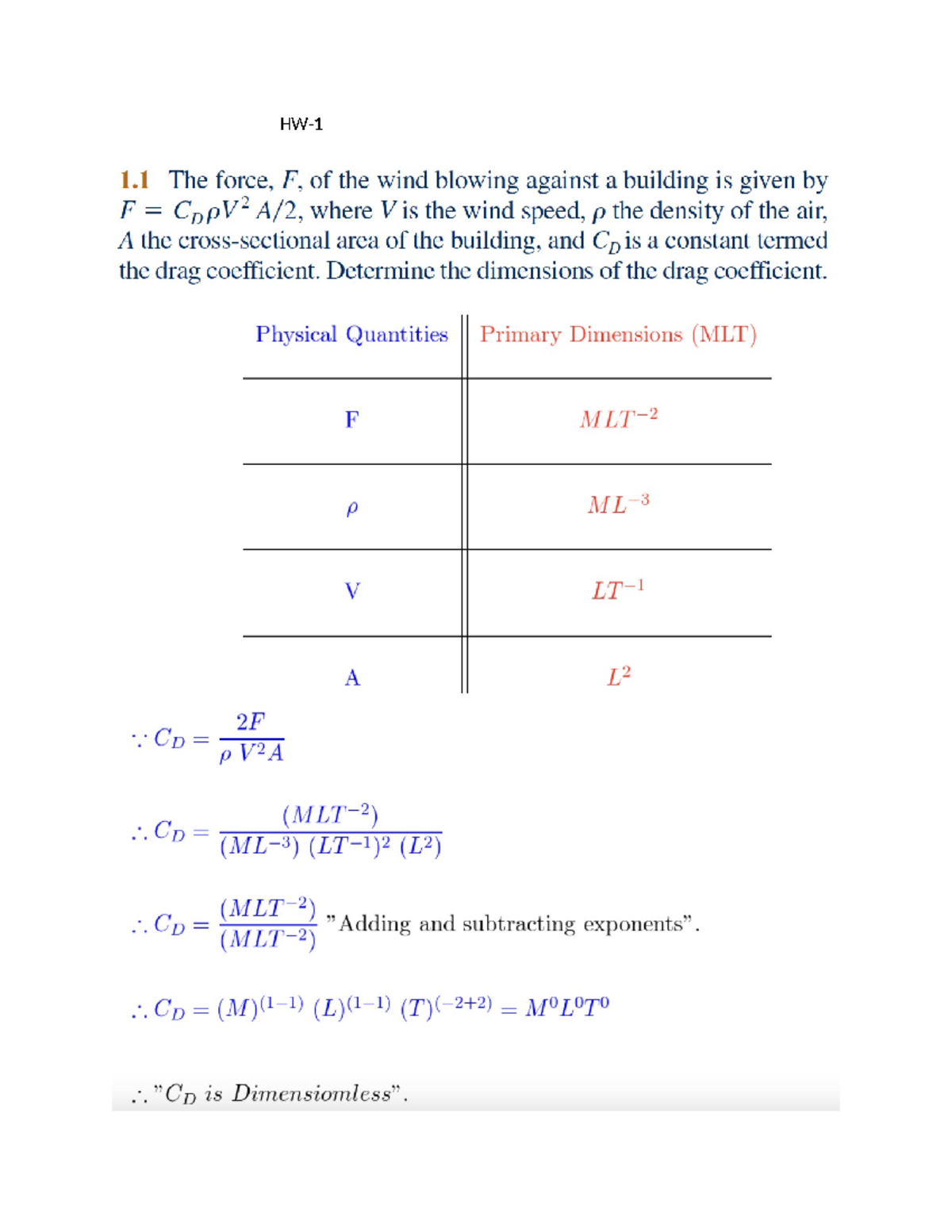 HW 1 solutions - 1 The force, F, of the wind blowing against a building ...