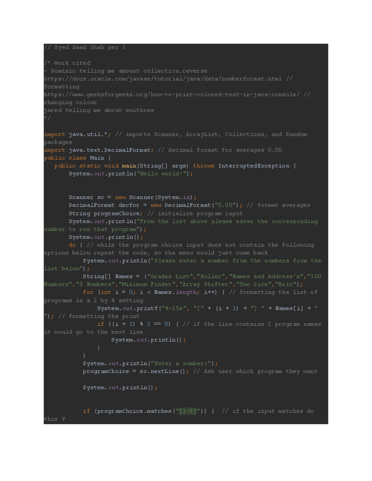 Array problem set - // Syed Saad Shah per 3 /* Work cited Dominic ...