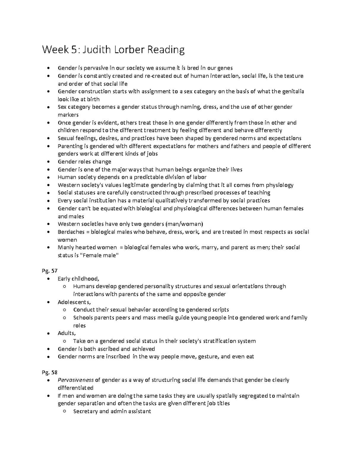 Week 5 Reading 2 - Lecture notes 5 - Week 5: Judith Lorber Reading