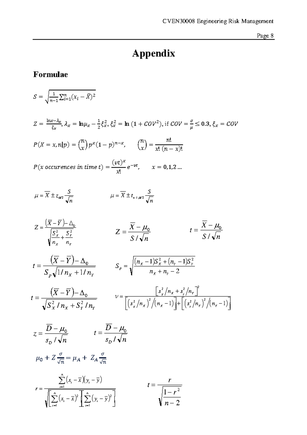 CVEN30008 2024 Exam formula sheet - Page 8 Appendix Formulae 𝑆 = √ 1 𝑛− 1 ∑ 𝑛 𝑖= 1 (𝑥𝑖 − 𝑋̅ ) 2 ...